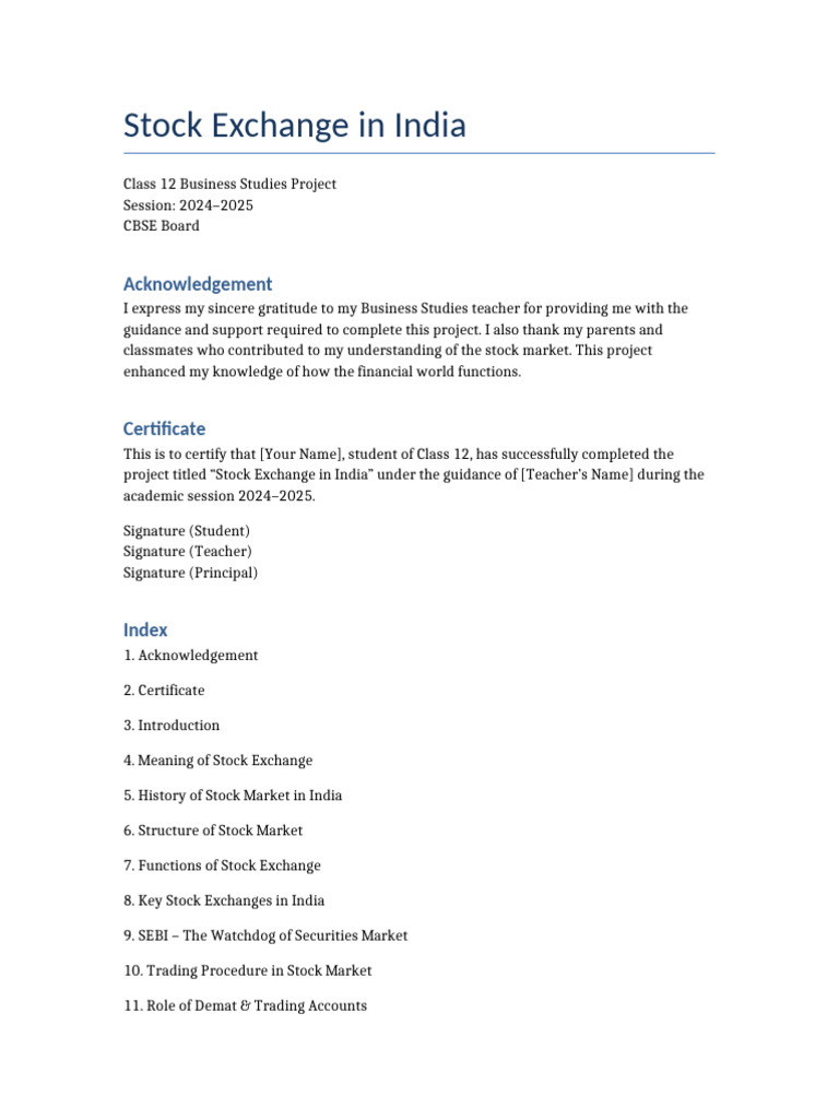 Class 12 Project on Stock Exchange | PDF | Stock Market | Stocks