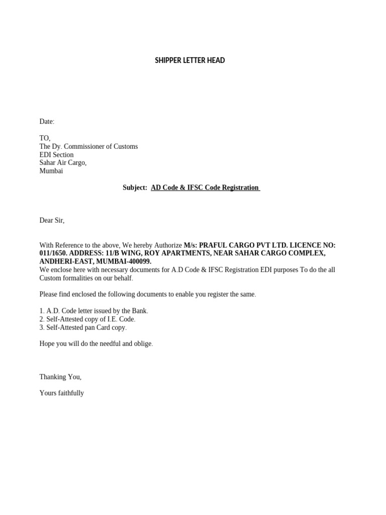 Ad Code Ifsc Code Cha Authority Letter For Air Export | PDF