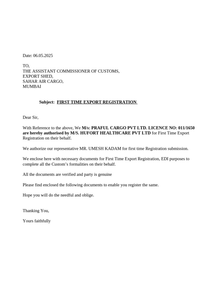 First Time Export Letter From Cha For Air Export | PDF