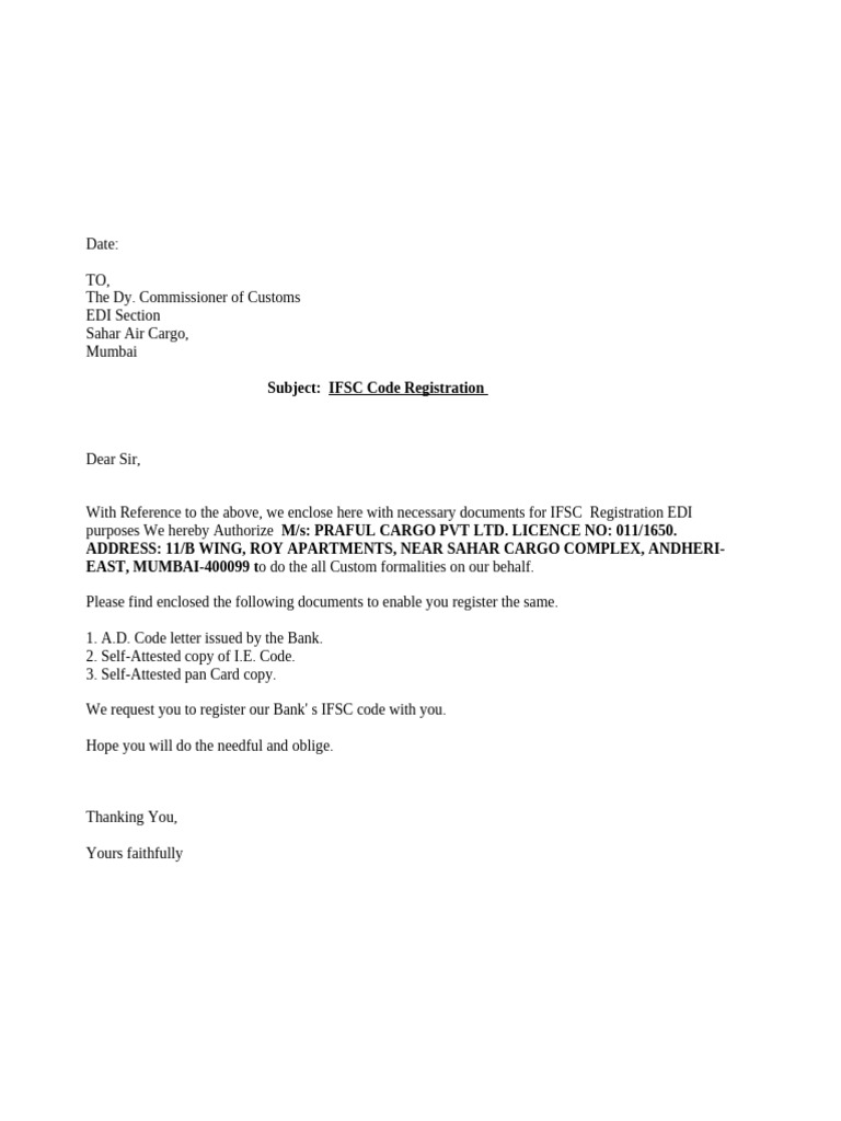 Ifsc Authority To Cha - Request Letter | PDF