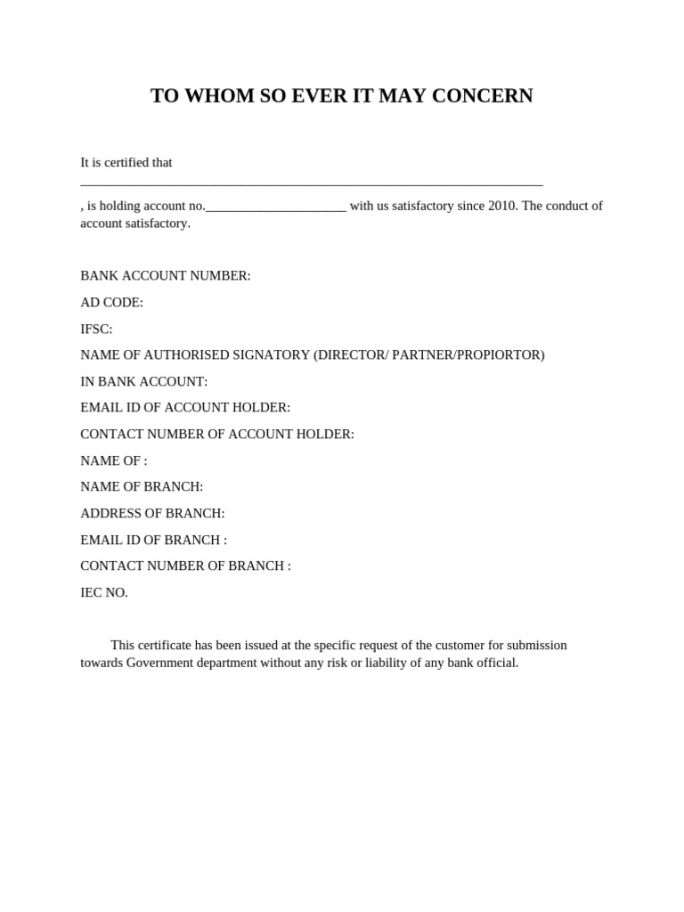 On BANK LETTERHEAD To Whom So Ever It May Concern | PDF