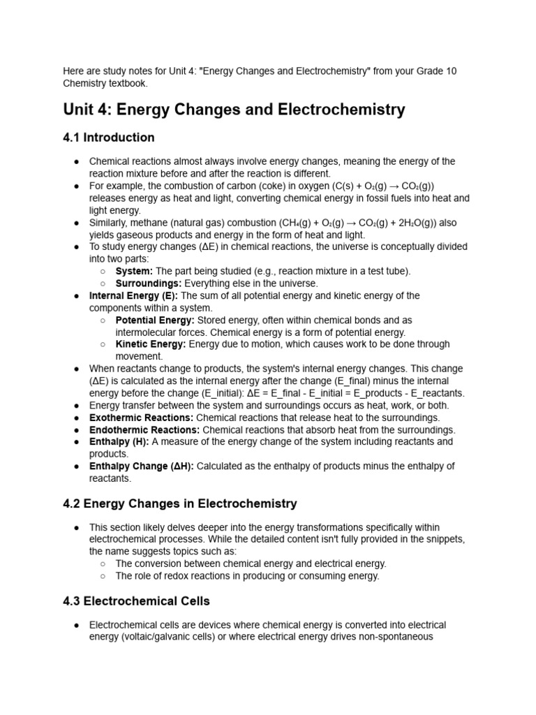 Unit 4: Energy Changes and Electrochemistry: System: Surroundings ...