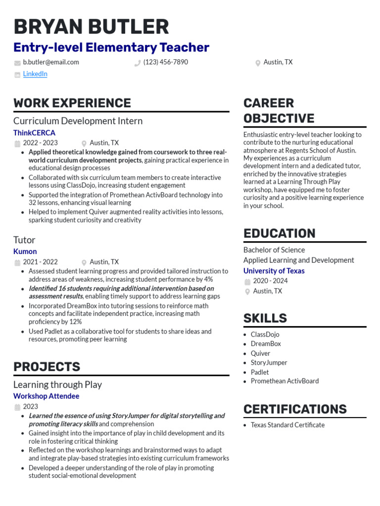 Entry Level Elementary Teacher 3 Resume Example | PDF | Learning ...