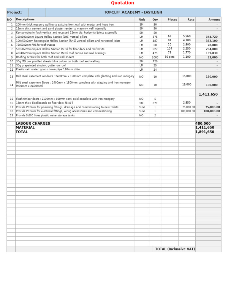Unpriced School Quotation 2024 | PDF | Wall | Materials
