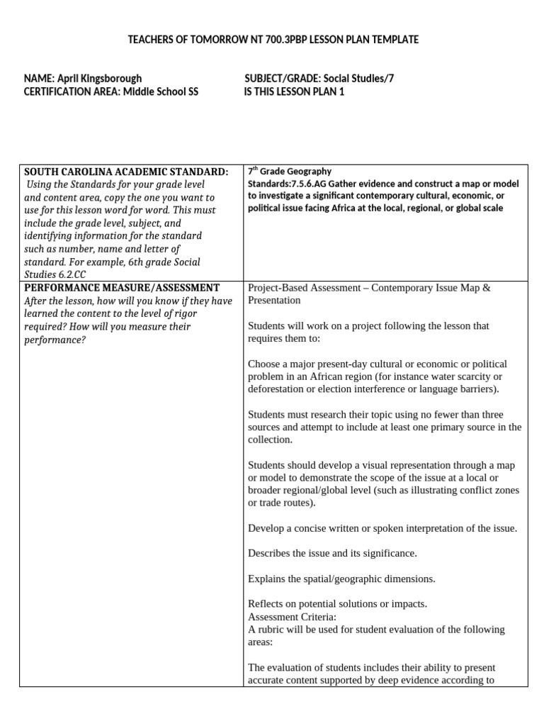 700.3p South Carolina Lesson Plan 1 | PDF | Learning | Geography