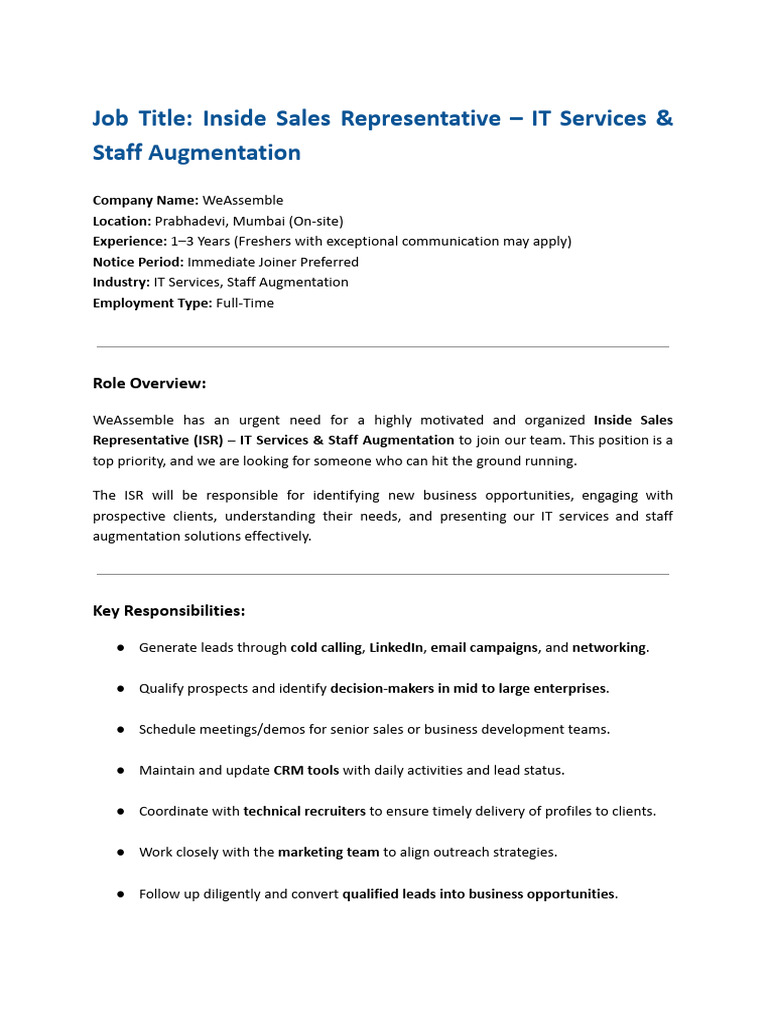 JD - Inside Sales Representative (IT Services & Staff Augmentation) | PDF