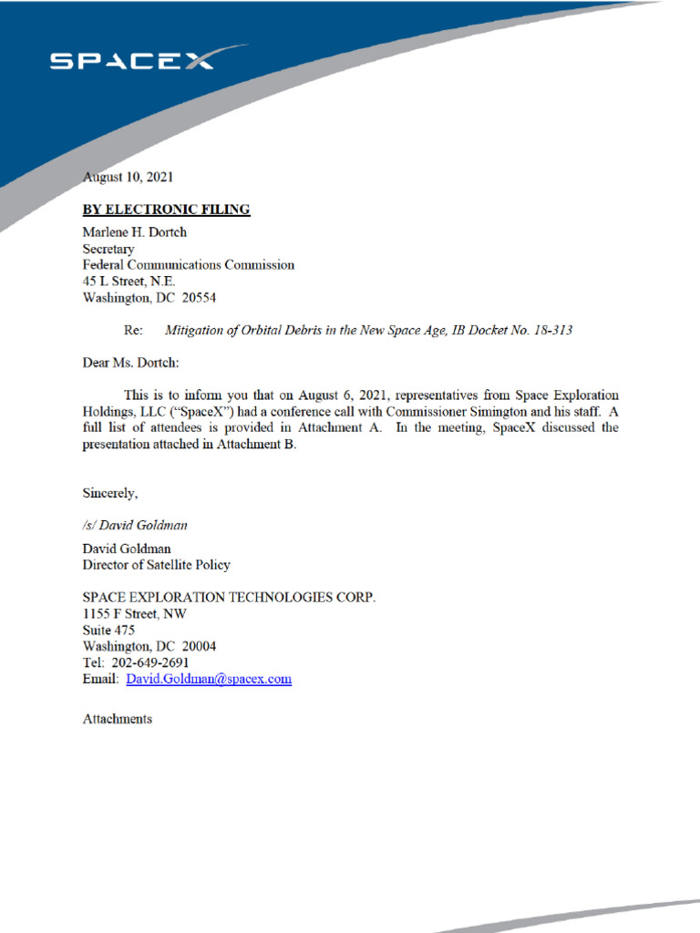 SpaceX Orbital Debris Meeting Ex Parte (8!10!21) | PDF | International ...