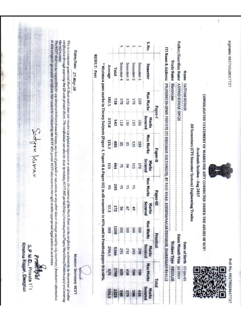 Satyam ITI Mark-Sheet | PDF