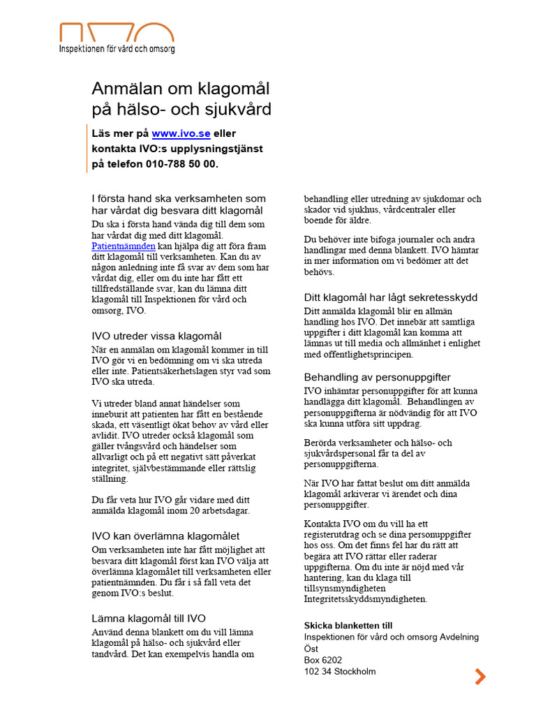 Blankett For Anmalan Om Klagomal Pa Halso Sjukvarden | PDF