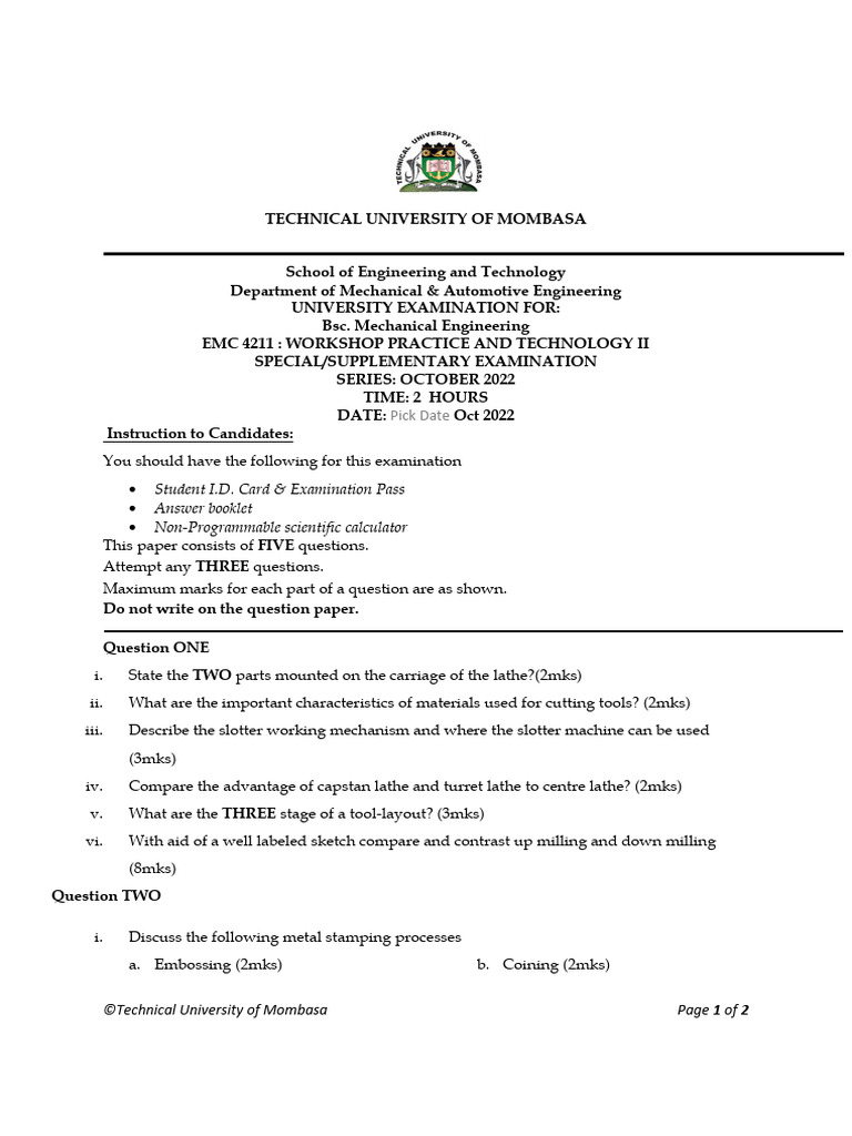 Emc 4211 Workshop Practise and Technology II Paper Two 2022 | PDF ...