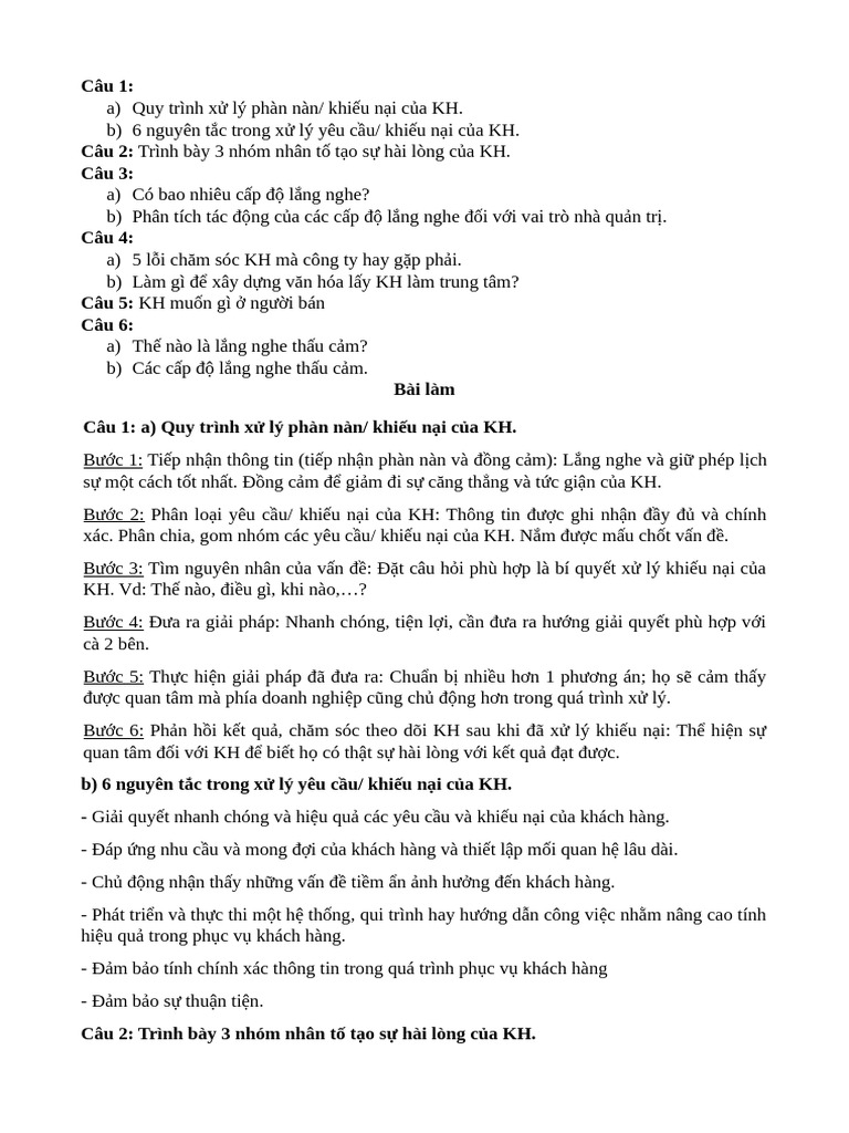 Câu hỏi CSKH | PDF