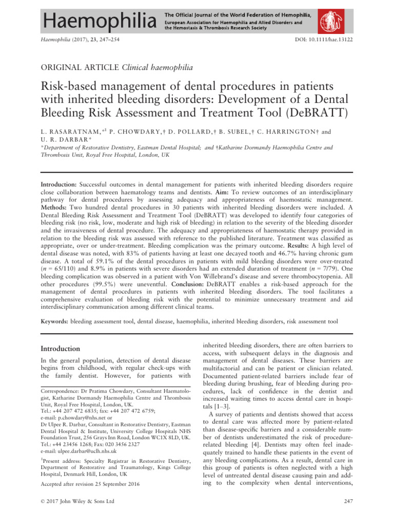 Dental Risk Assessment for Bleeding Disorders | PDF | Dentistry | Human ...
