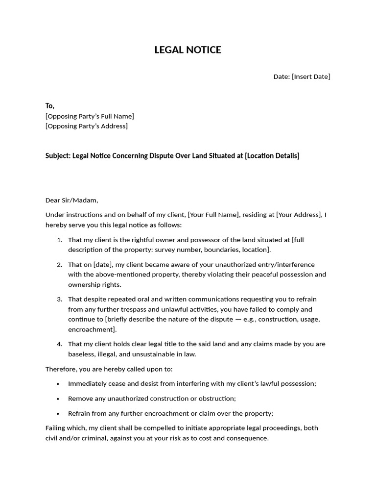 Legal Notice for Land Dispute | PDF