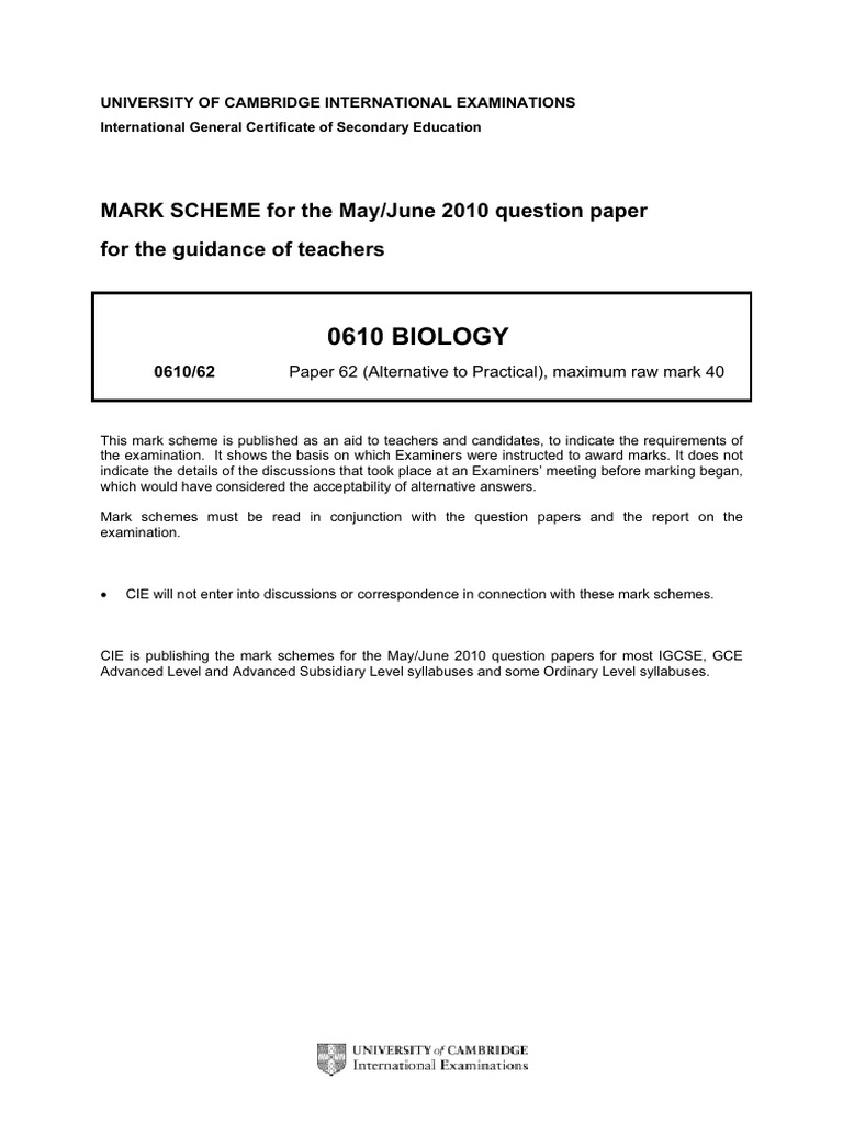 IGCSE Biology 0610 Mark Scheme 2010 | PDF | Tooth