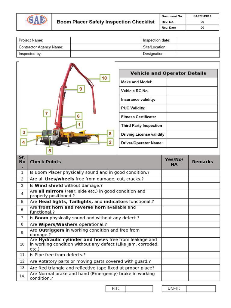 Boom Placer Inspection Checklist | PDF | Transport | Vehicles