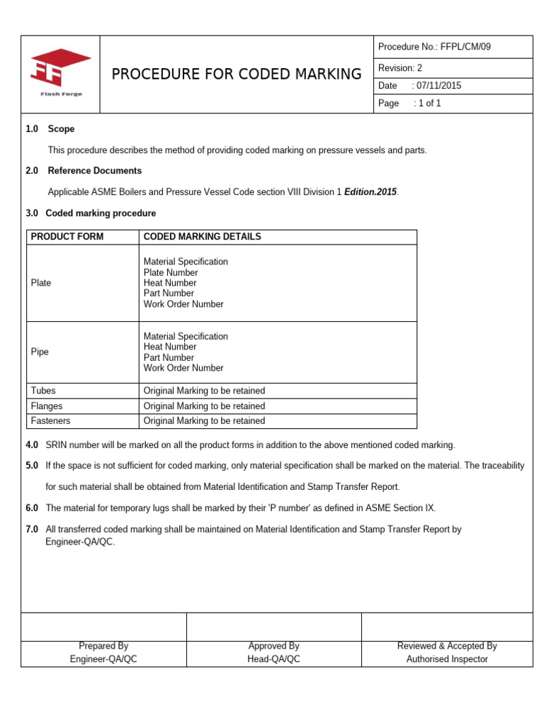 Coded Marking Procedure for Pressure Vessels | PDF