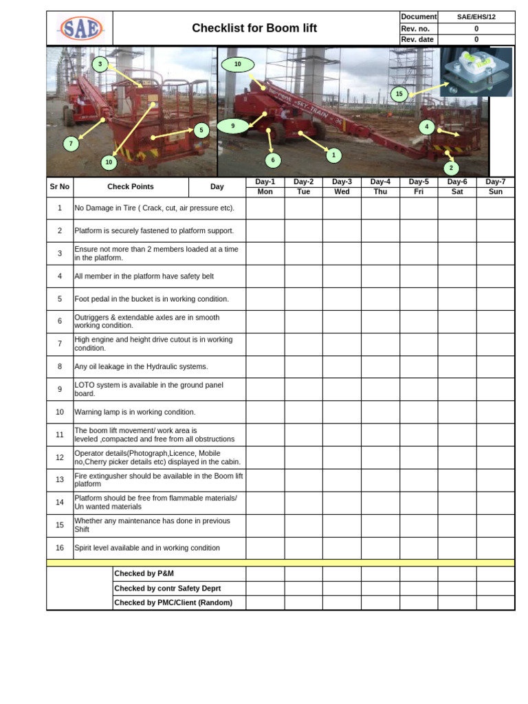 HSE Checklist For Boom Lift (MEWP) | PDF | Civil Engineering | Transport