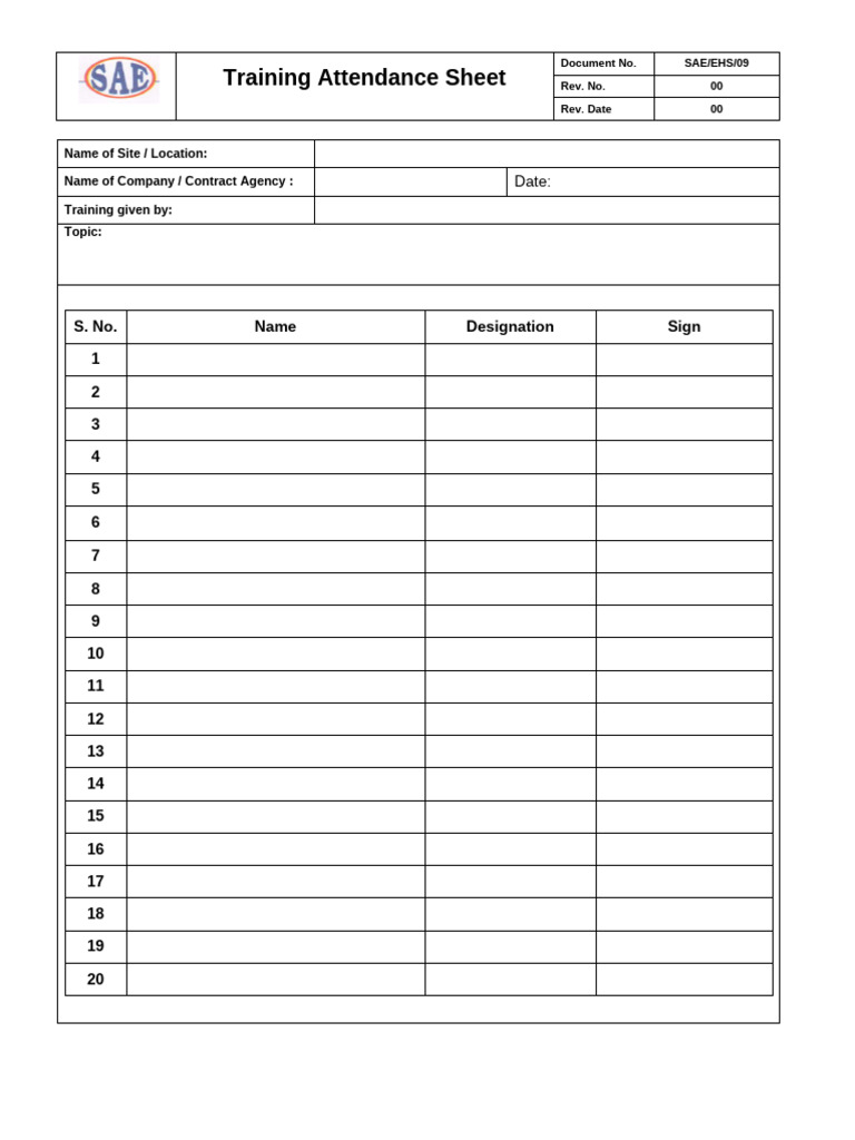 HSE EHS Training Attendance Sheet | PDF