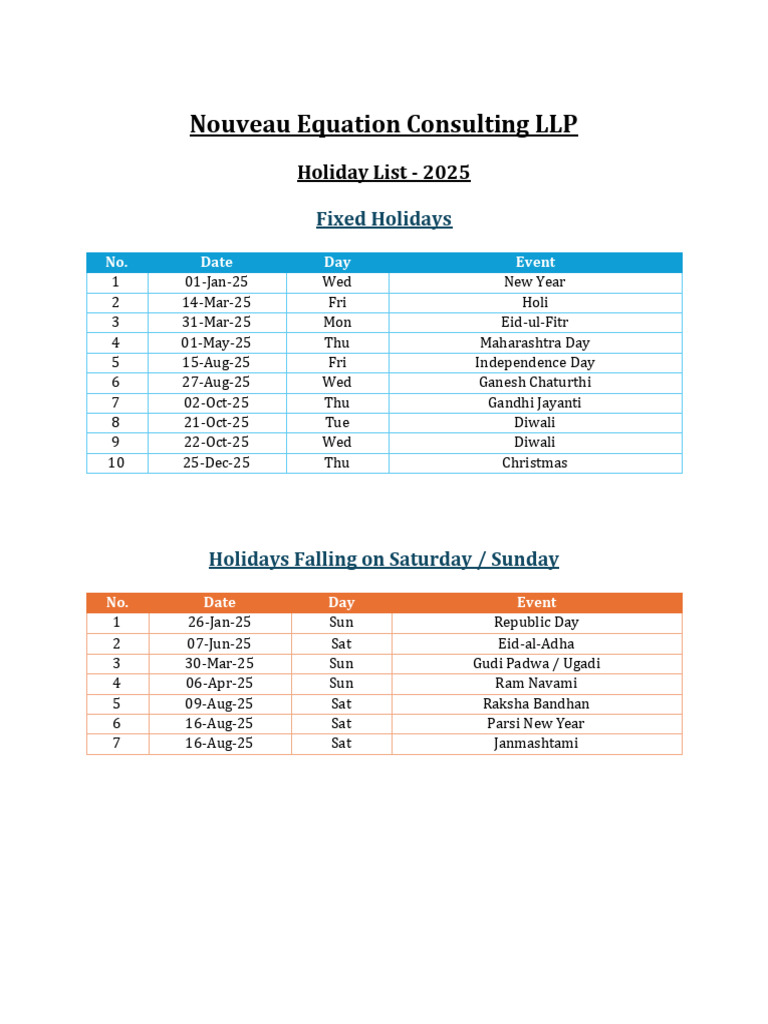 Holiday List 2025 - Nouveau Equation Consulting LLP | PDF