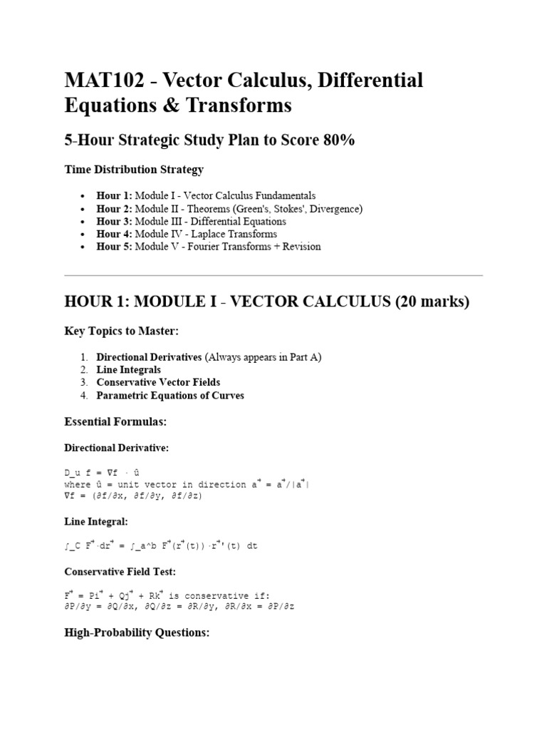 Mat102 - 5 Hour Revision Plan | PDF | Laplace Transform | Fourier Transform