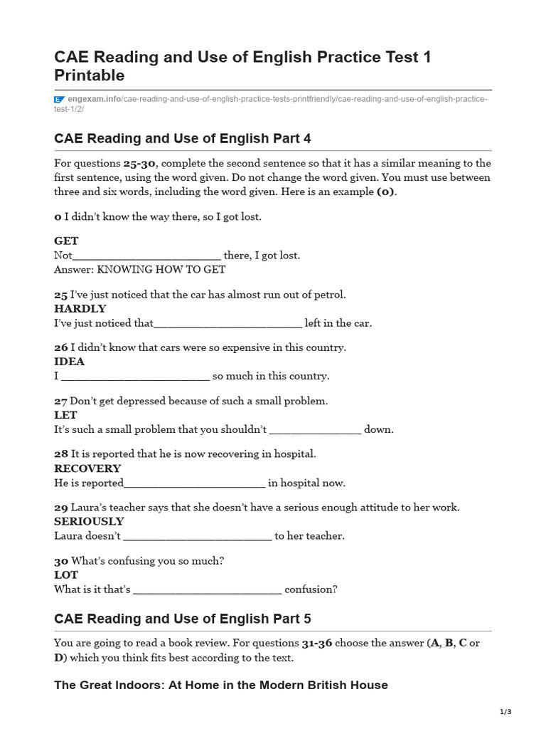 Engexam - info-CAE Reading and Use of English Practice Test 1 Printable ...