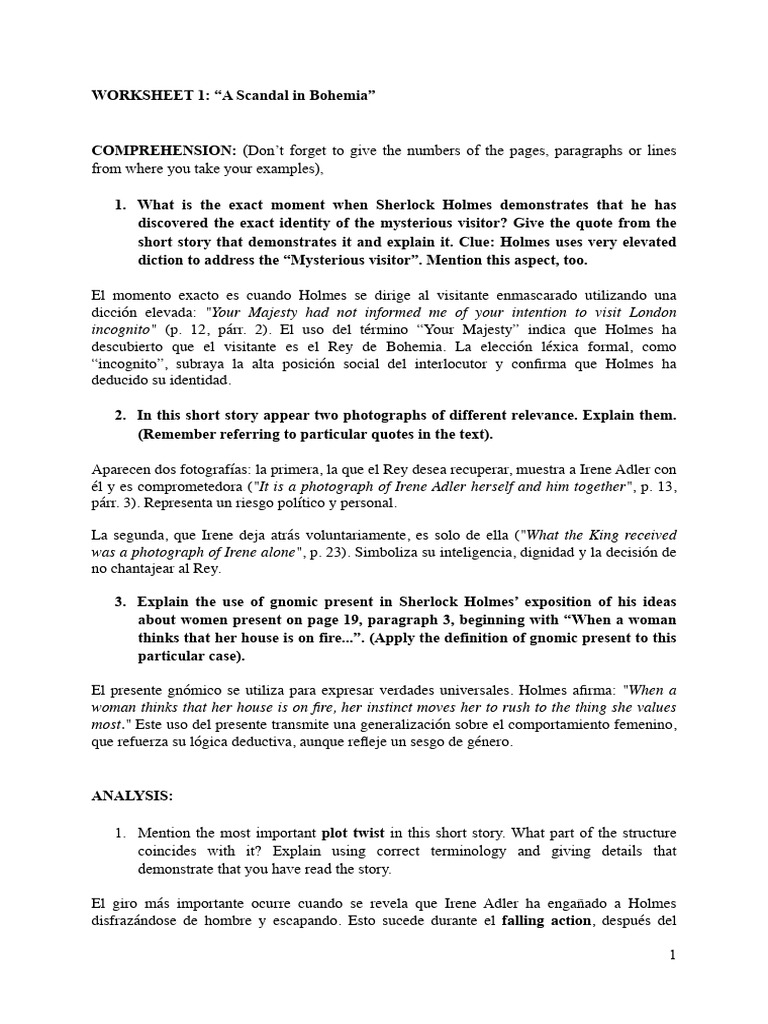 WORKSHEET 1 A Scandal in Bohemia (Soluciones) | PDF | A Scandal In ...