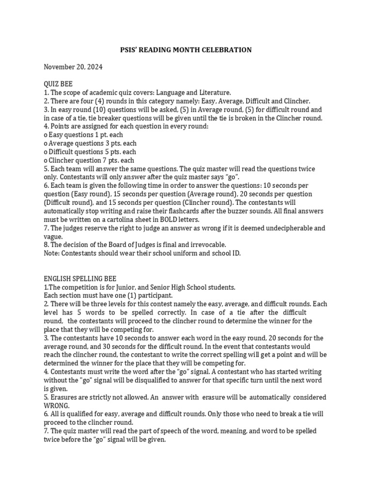 PSIS Reading Month Celebration Events | PDF