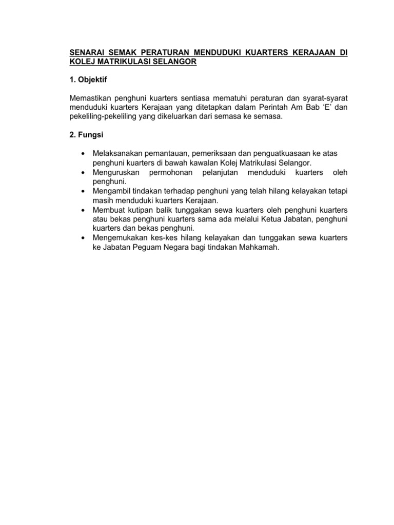 Senarai Semak Peraturan Menduduki Kuarters Kerajaan (KMS) | PDF