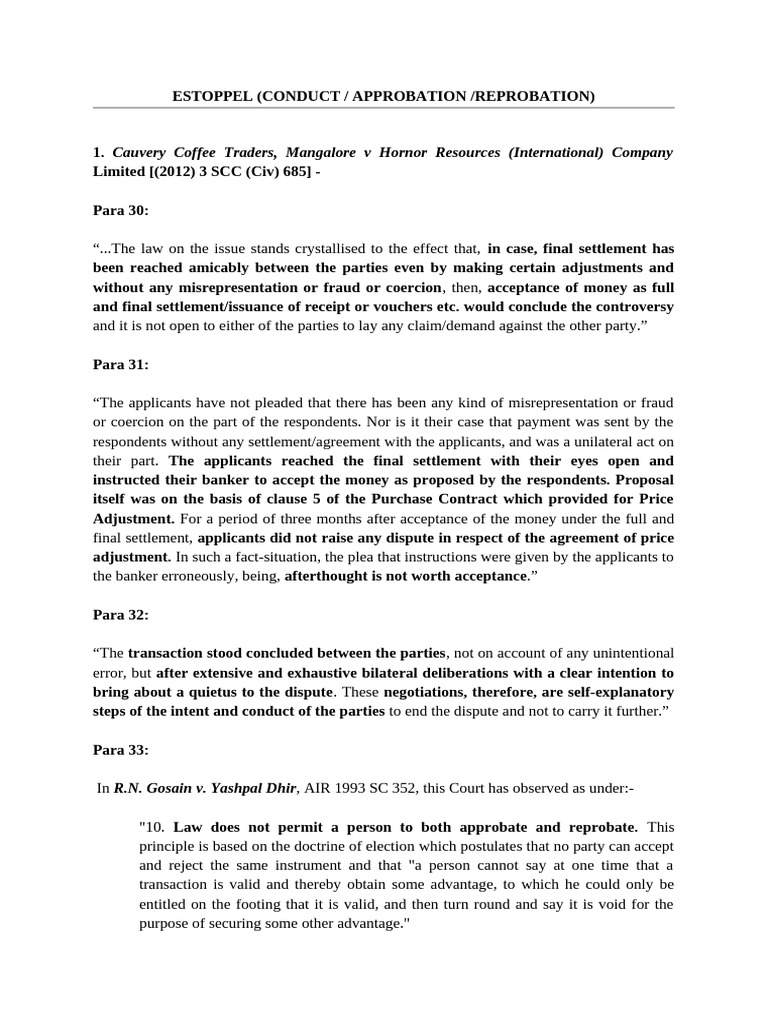 Estoppel Cases - Research Note | PDF | Estoppel | Common Law