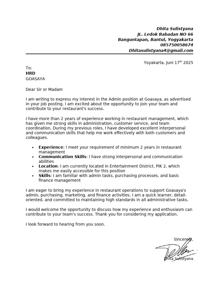 Letter Job Dhita Sulistyana | PDF