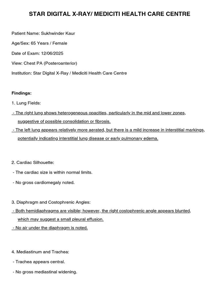 Chest XRay Report Sukhwinder Kaur PDF | PDF