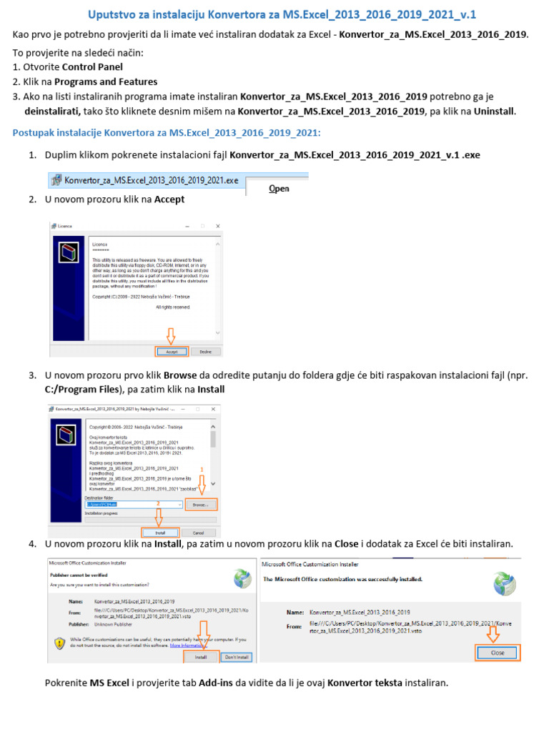 Uputstvo Za Instalaciju Konvertora Za MS Excel 2013 - 2016 - 2019 - 2021 | PDF