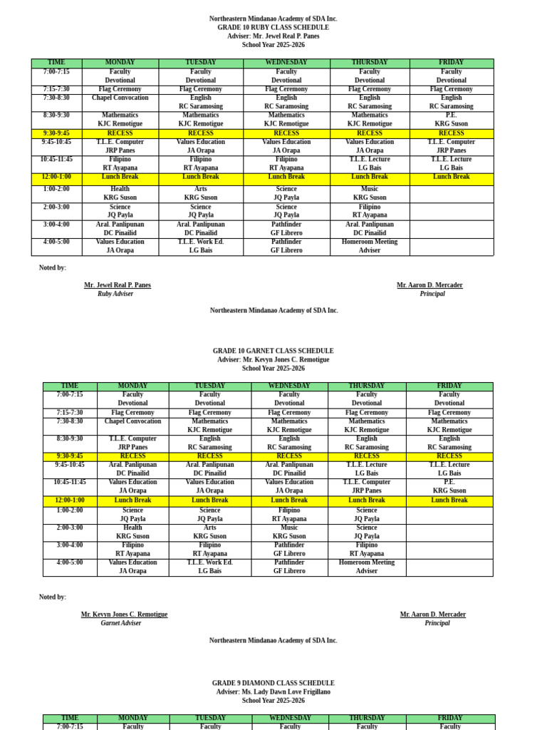 Class Schedule First Sem Updated Jhs and Shs | PDF