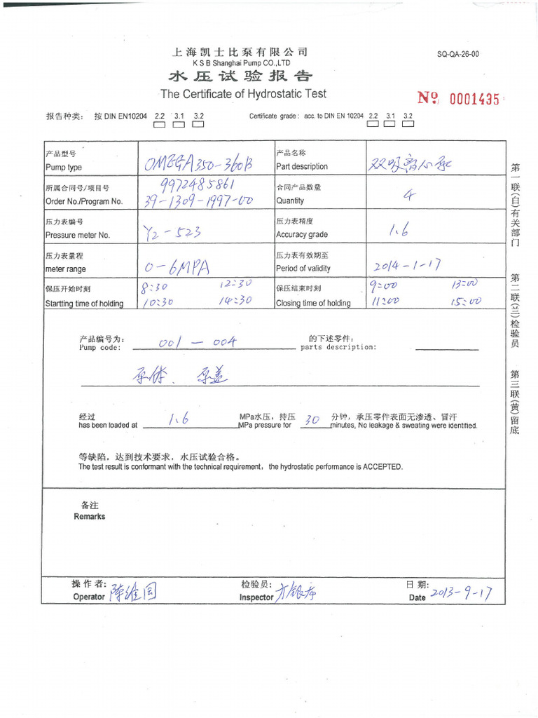 Hydrostatic Test Certificate | PDF