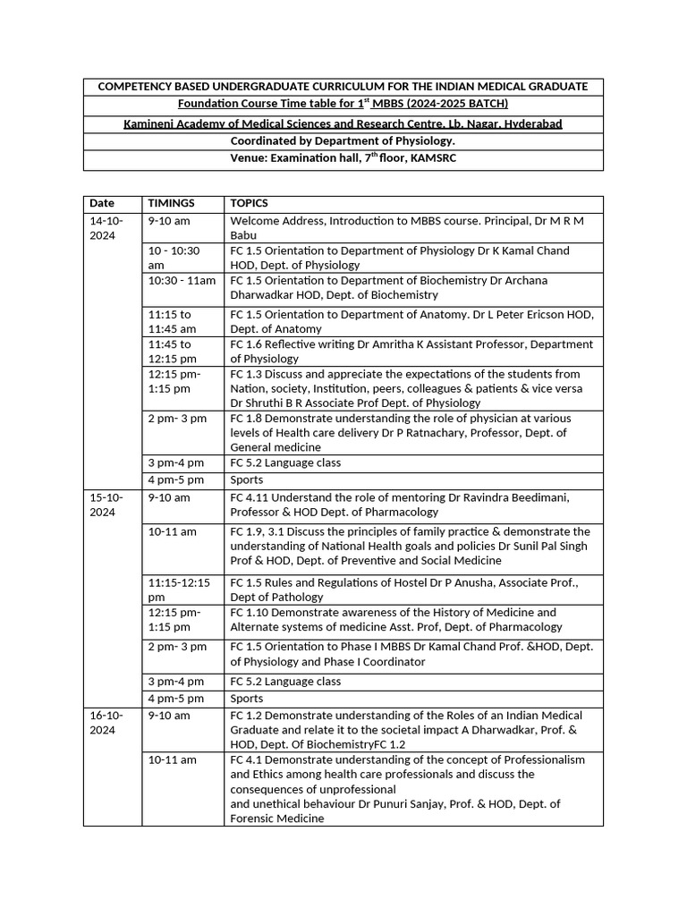 Foundation Course Time Table For 1st MBBS (2024-2025 BATCH) | PDF | Medicine | Health Care