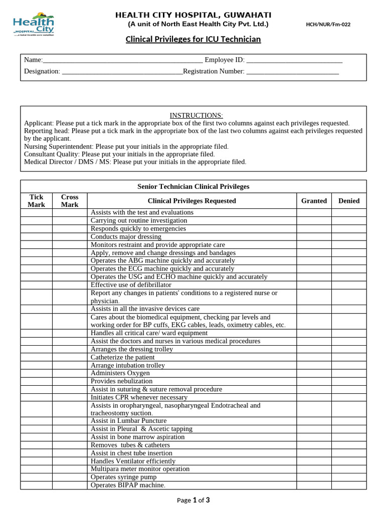 ICU Technician Clinical Privileges Form | PDF | Intensive Care Unit ...