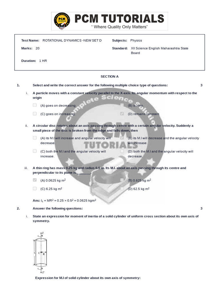 Rotational Dynamics Exam for XII Science | PDF | Rotation Around A ...