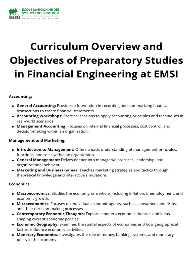 Curriculum Overview and Objectives of Preparatory Studies in Financial ...