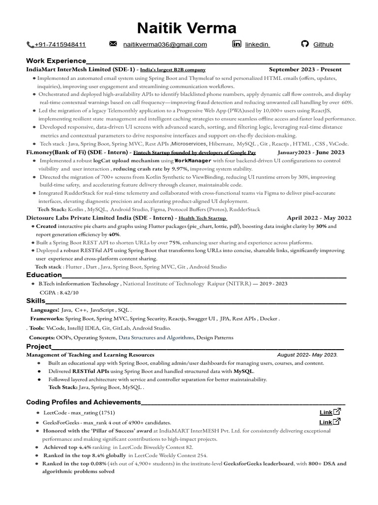 Naitik Verma NIT Raipur IndiaMart Resume | PDF | Java (Programming Language) | Information ...
