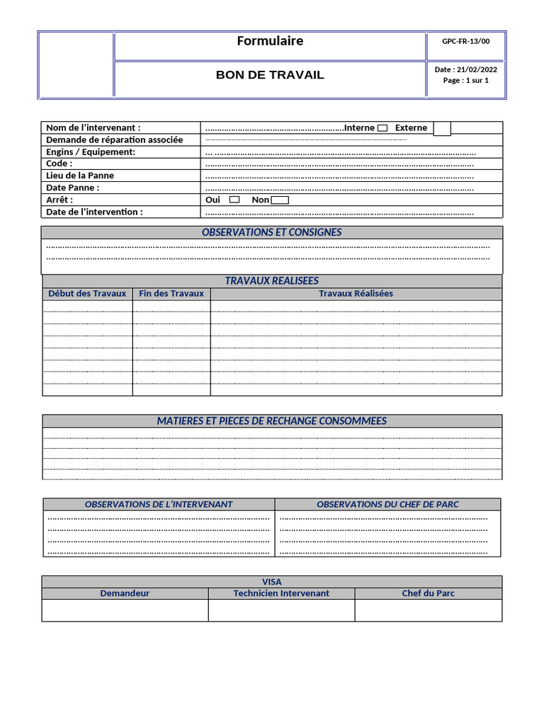 GPC-FR-13-00 Bon de Travail | PDF