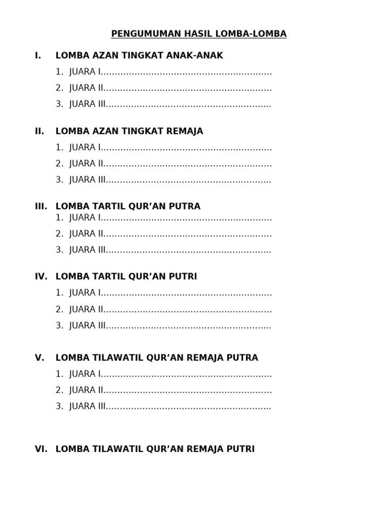 Pengumuman Juara Lomba Islami | PDF