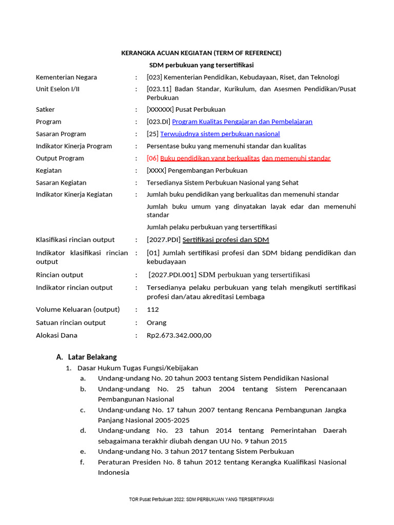 TOR2022 Buku PDI SDM Perbukuan Yang Disertifikasi | PDF