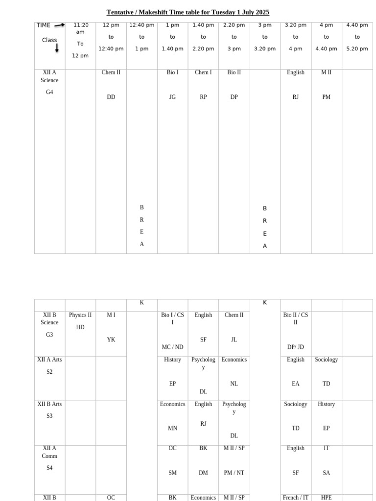 July 2025 Class Timetable Overview | PDF