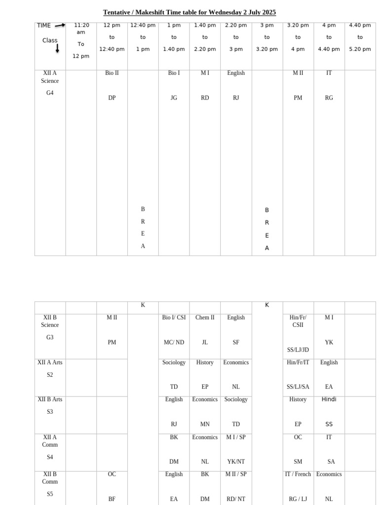 Tentative Makeshift Time Table 2 July 2025 | PDF