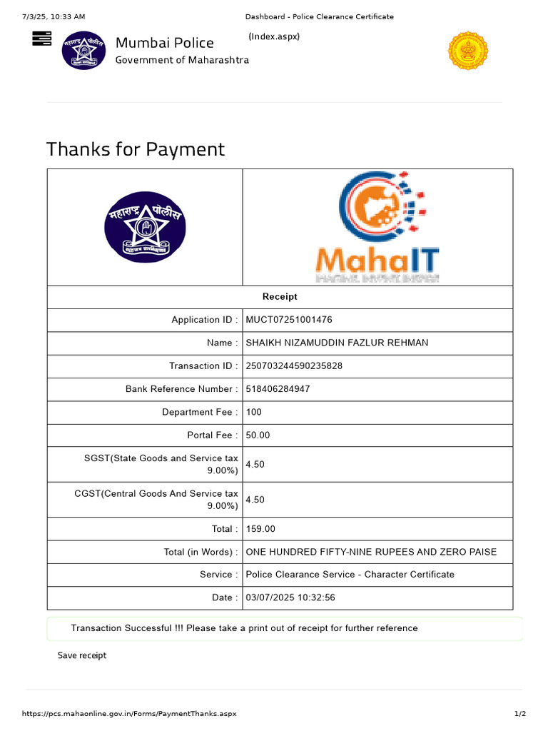 Police Clearance Service Receipt | PDF