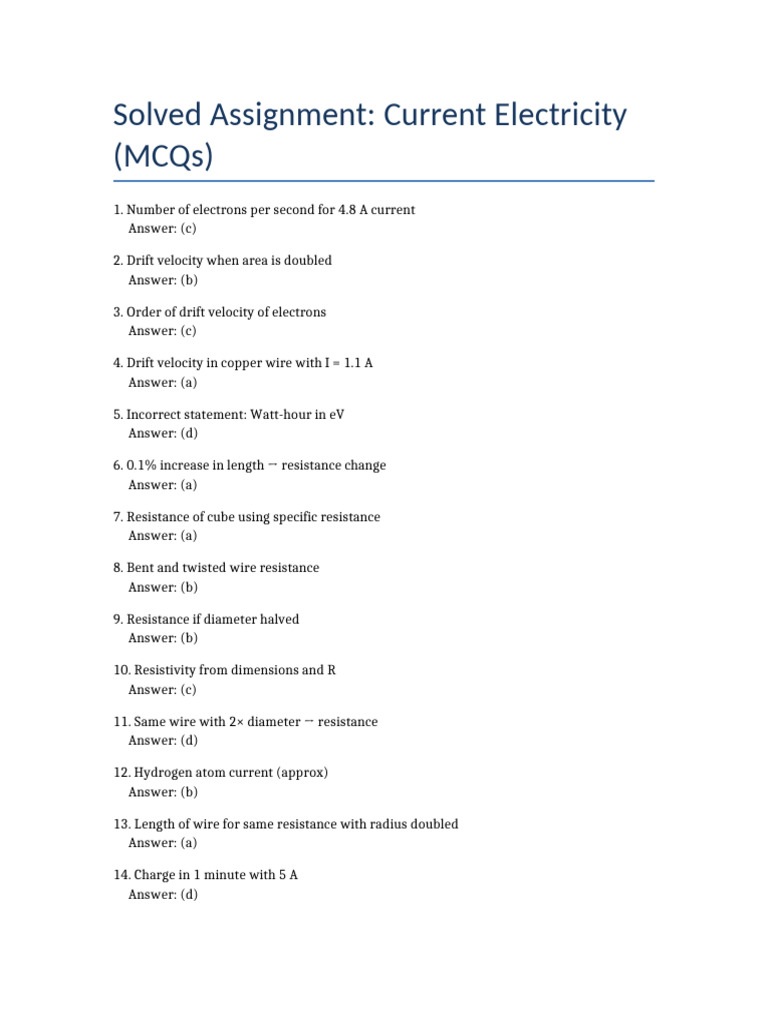 Solved Current Electricity Assignment | PDF