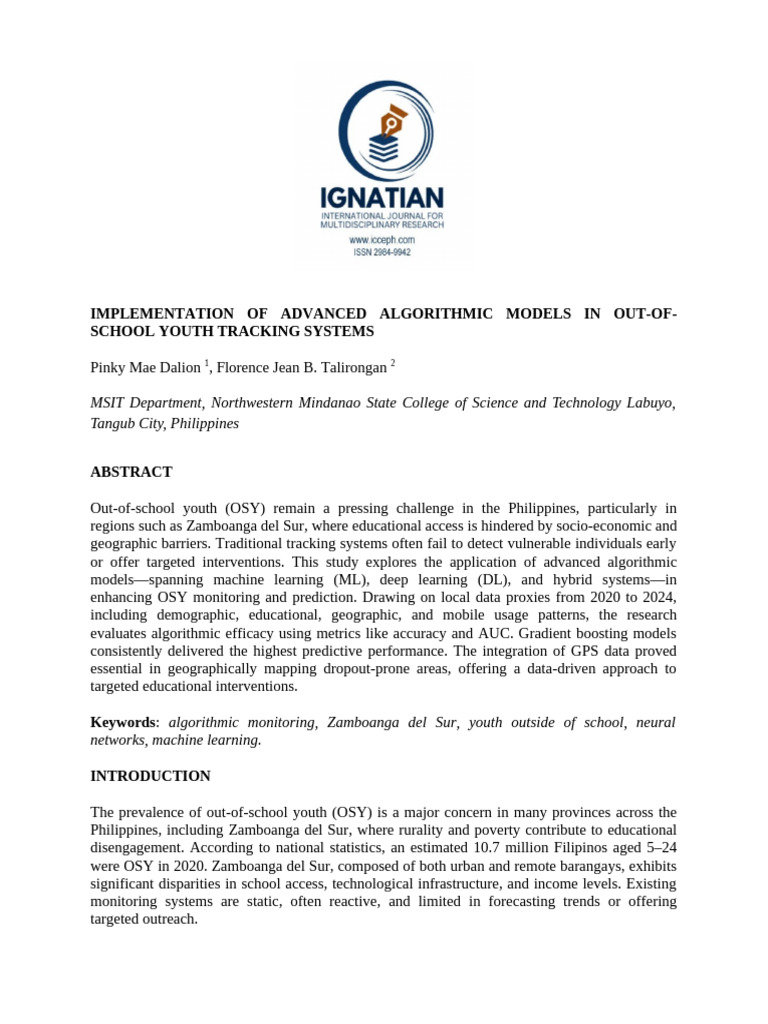 Implementation of Advanced Algorithmic Models in Out-Of-school Youth ...