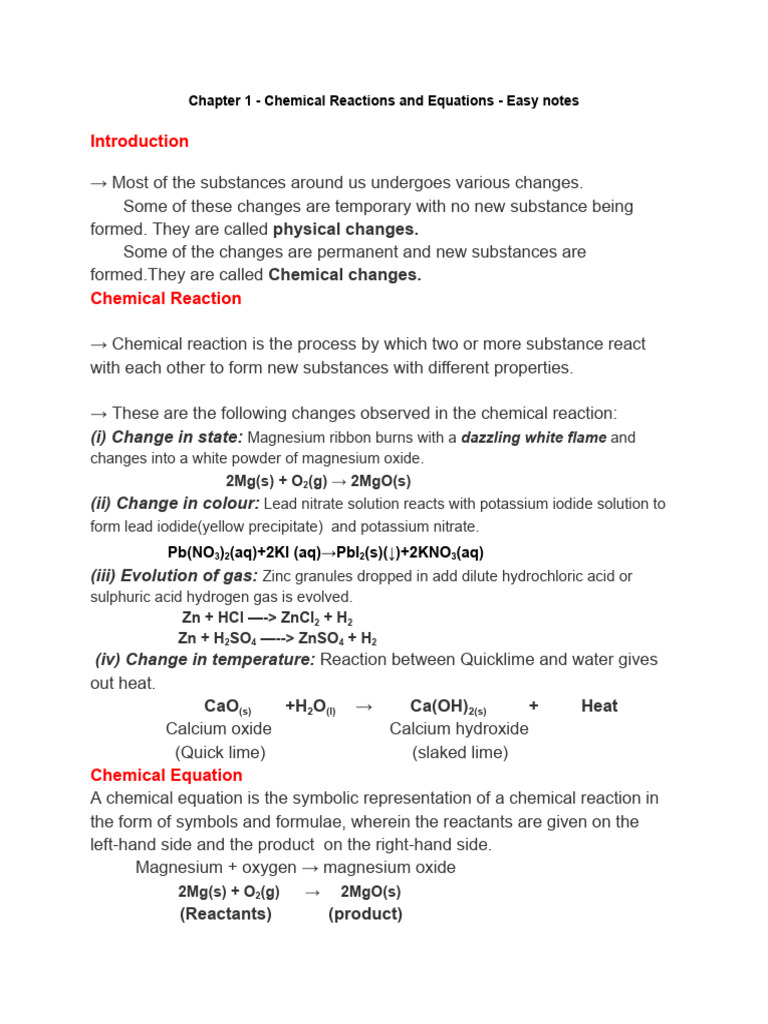Chapter 1 - Chemical Reactions and Equations - Easy Notes | PDF | Redox ...