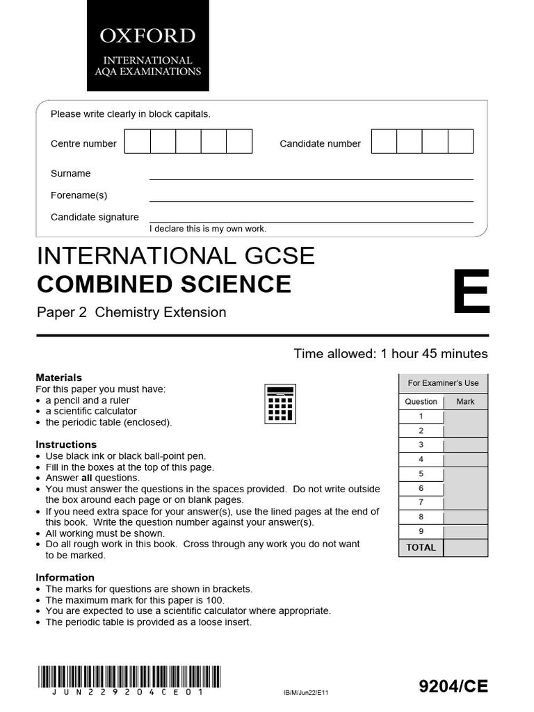 9204 Question Paper International Gcse Combined Science Chemistry Ext ...