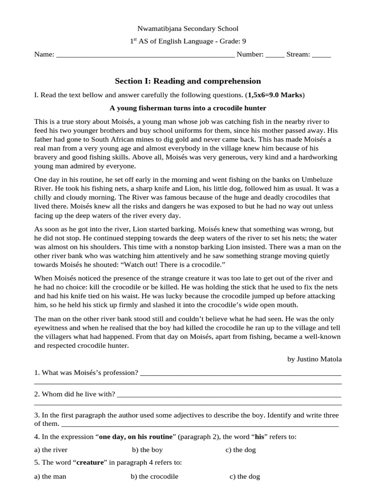 Test I English-Grade 9, Katy-1 | PDF